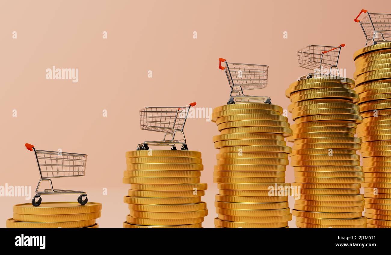 Shopping trolly with stack of gold coins. Inflation concept. 3D ...