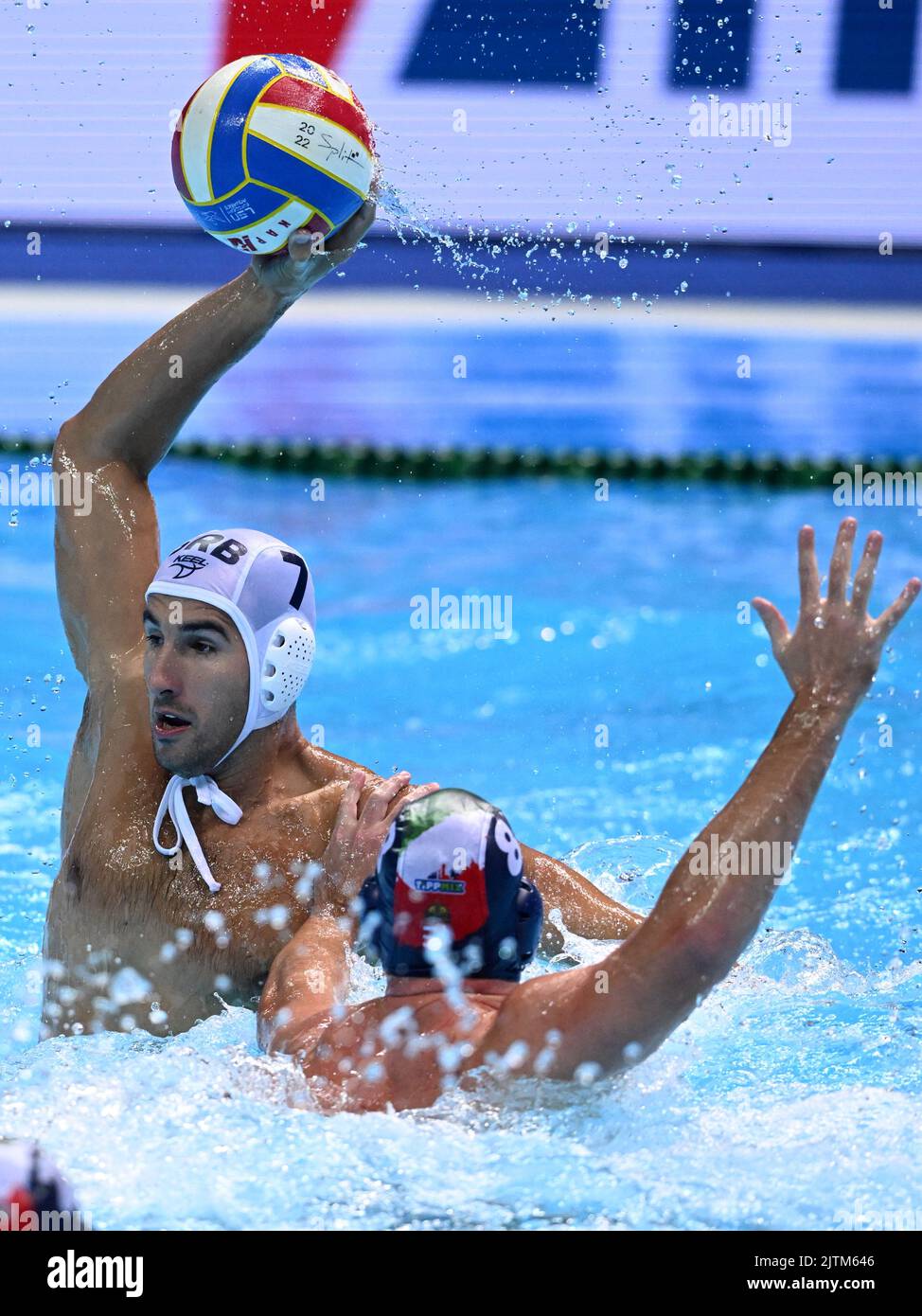 SPLIT, CROATIA - AUGUST 31: Strahinja Rasovic of Serbia and Gergely ...