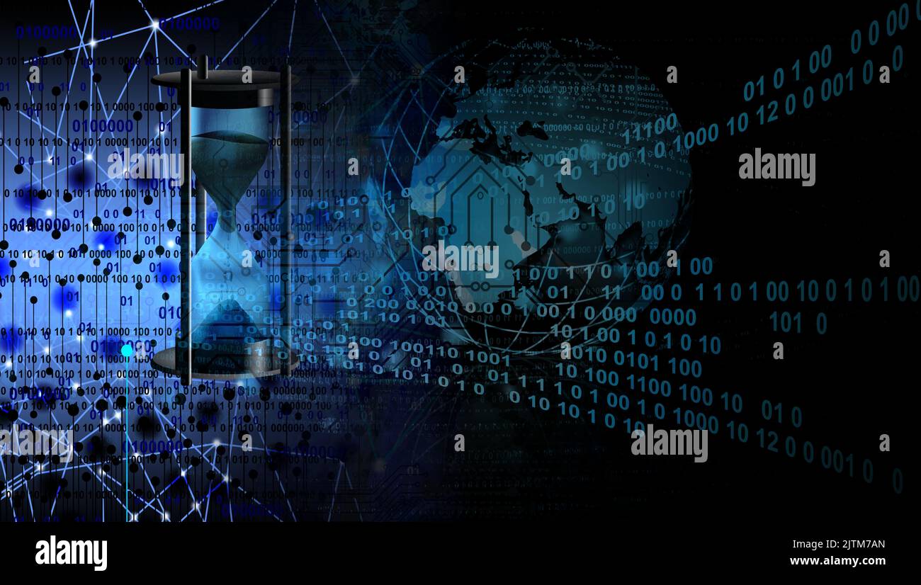 A 3D rendering of an abstract technology background with an hourglass with binary code Stock ...