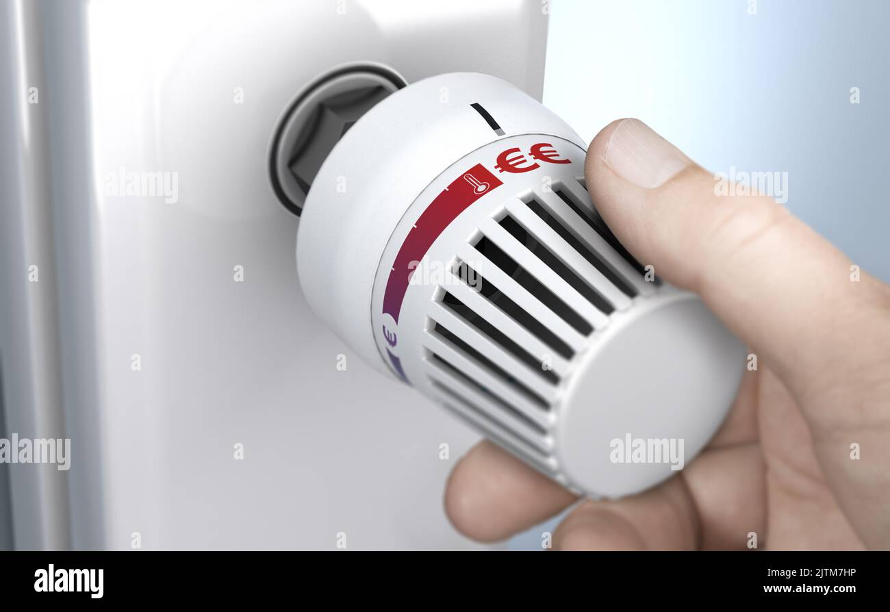 Man setting thermostat temperature to the higher position. Composite ...