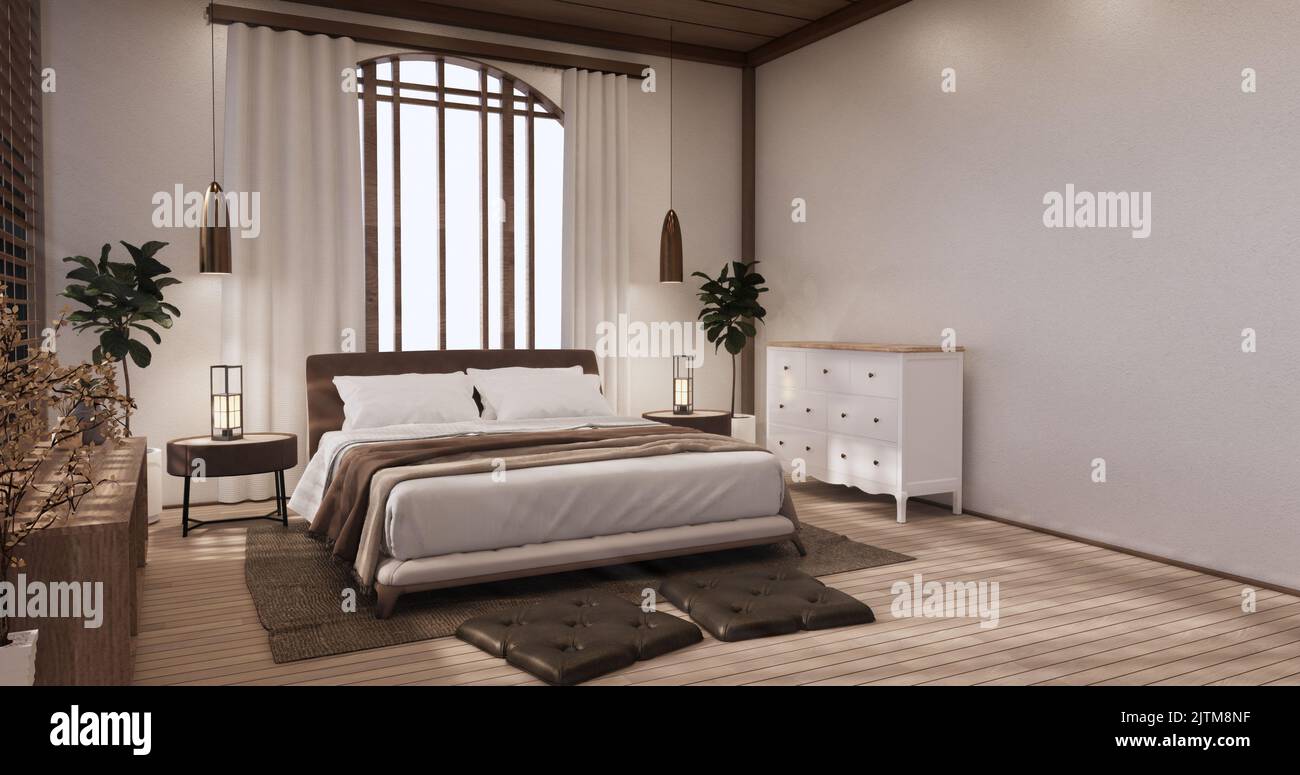 Modern peaceful Bedroom. japan style bedroom.3D rendering Stock Photo ...