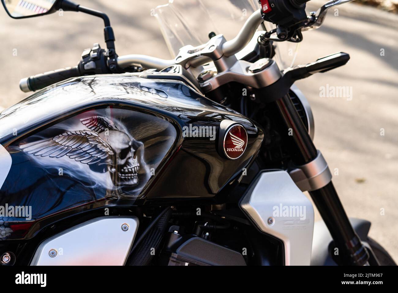 Detail of custom Honda motorbike in Bucharest, Romania, 2022 Stock ...