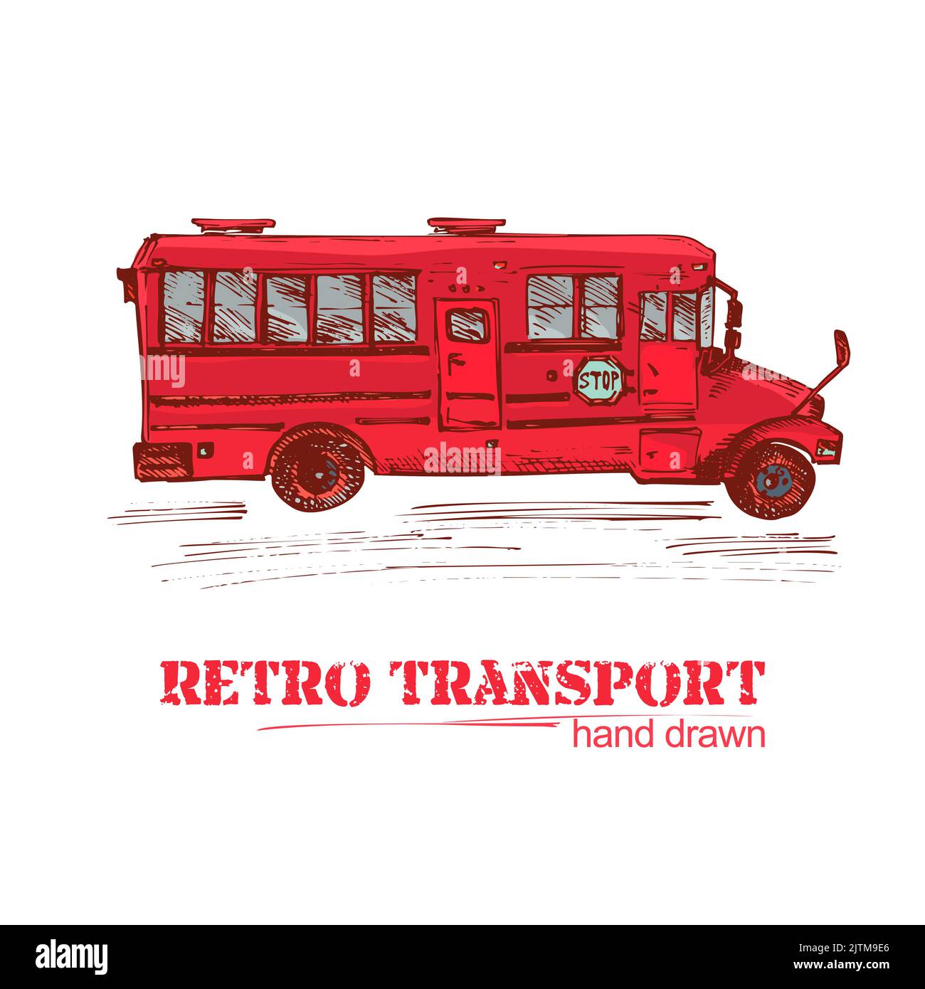 Hand drawn red retro bus isolated on white background. Vintage truck in ...