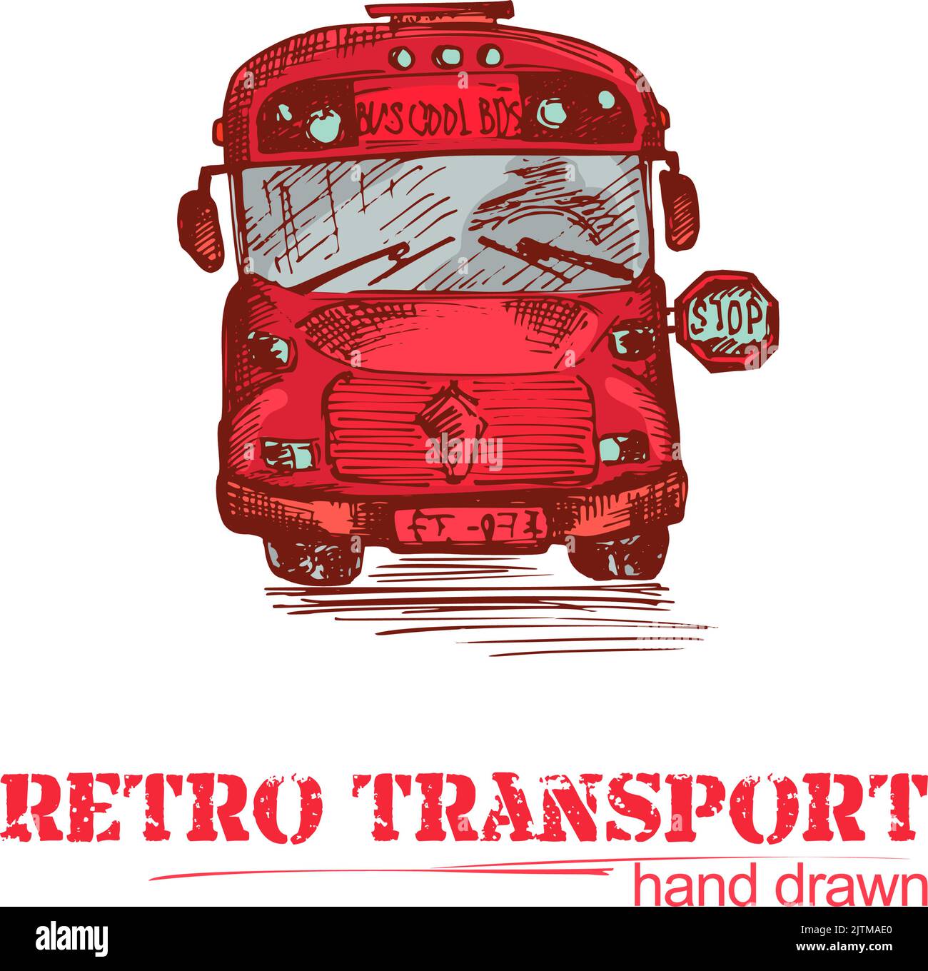 Hand drawn red retro bus isolated on white background. Vintage truck in ...