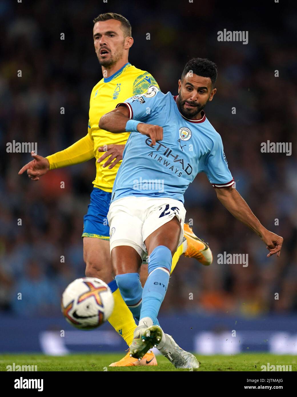 Nottingham Forest's Harry Toffolo (left) and Manchester City's Riyad ...