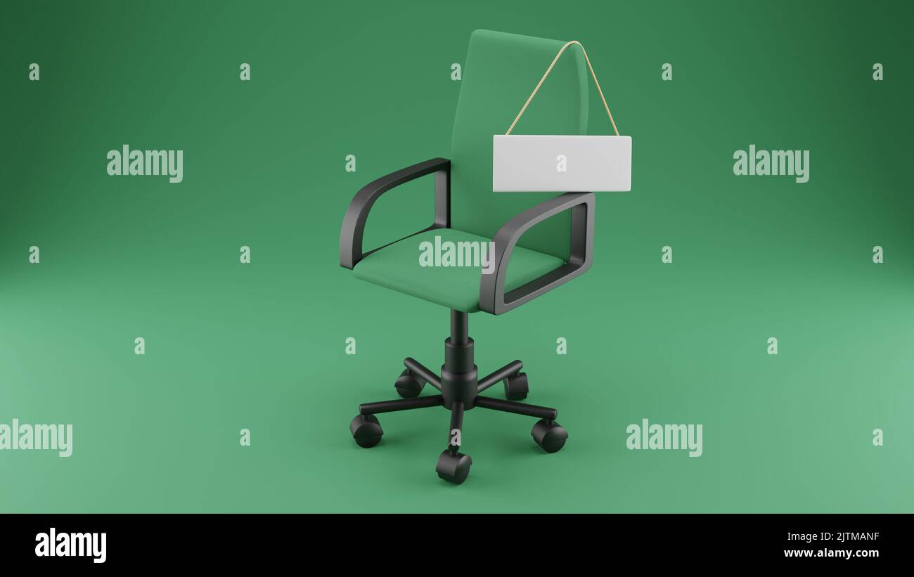 Blank sign on an empty chair on green background. Hiring new job ...