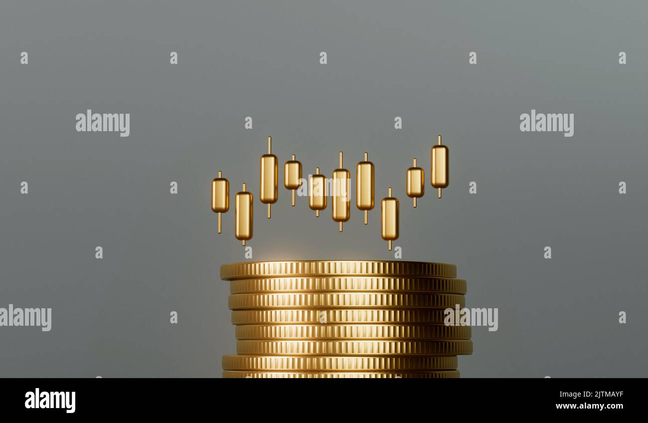 Gold stock market investment trading graph with a stack of gold coins ...