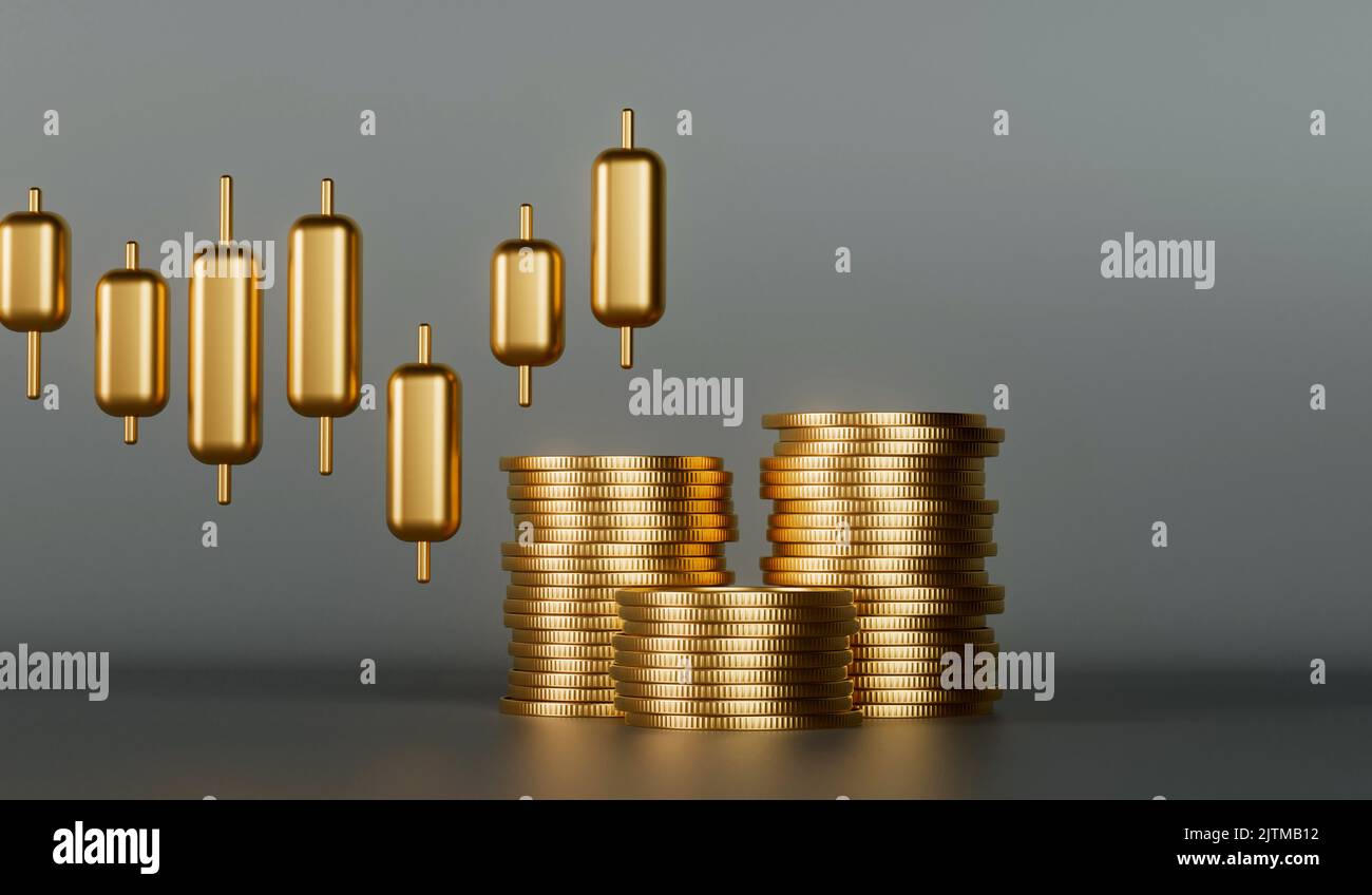 Gold stock market investment trading graph with a stack of gold coins ...