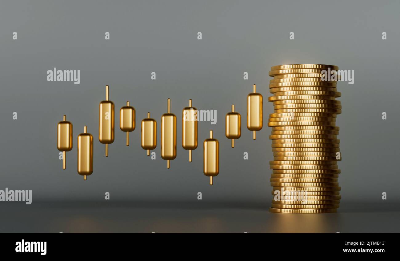 Gold stock market investment trading graph with a stack of gold coins ...