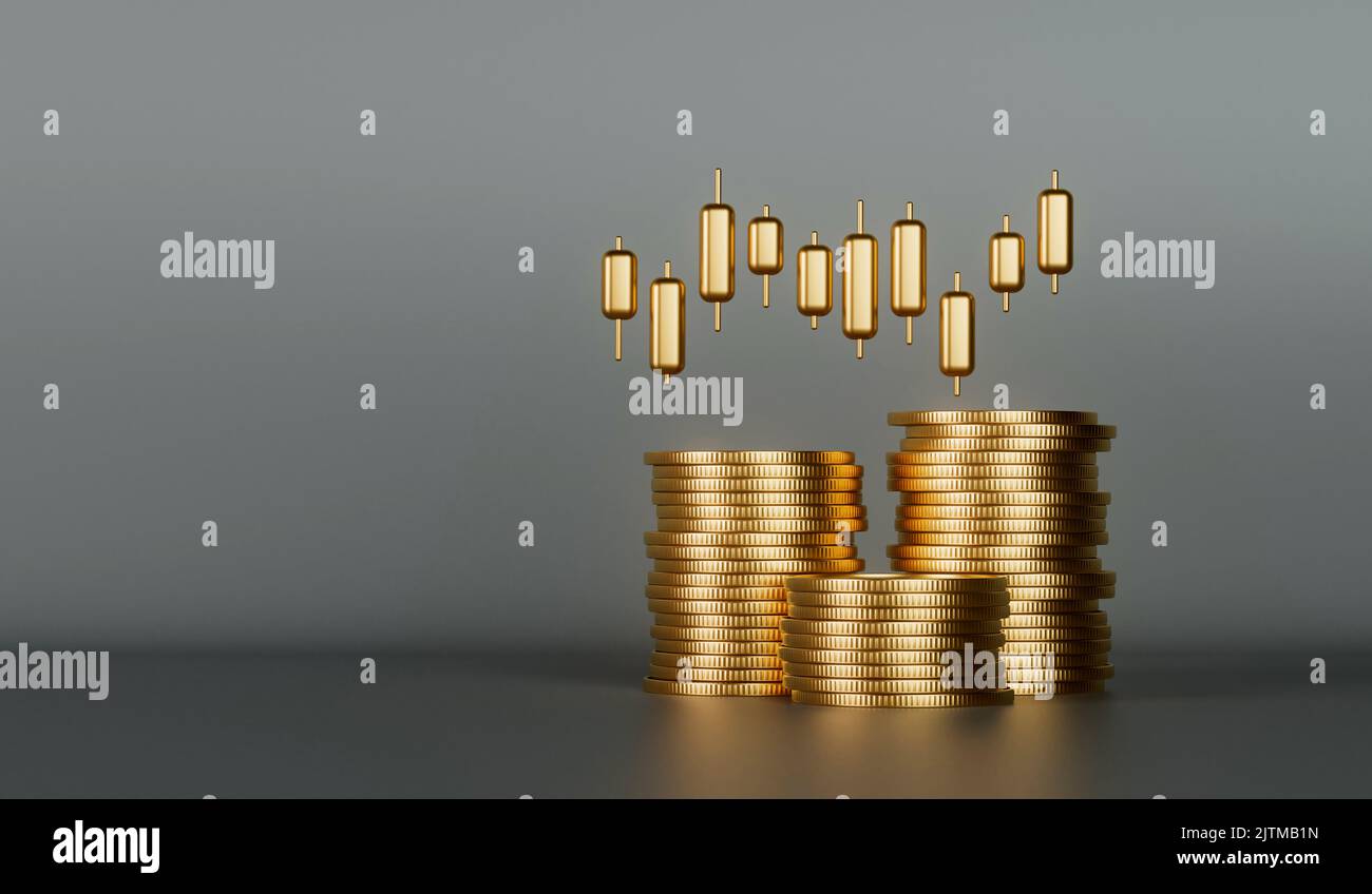 Gold stock market investment trading graph with a stack of gold coins ...