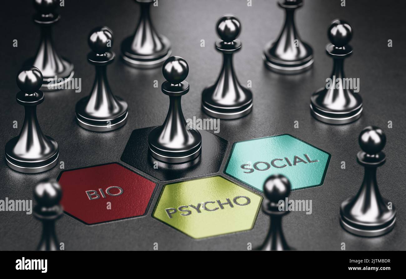 Pawns over black background with the text bio, psycho and social ...