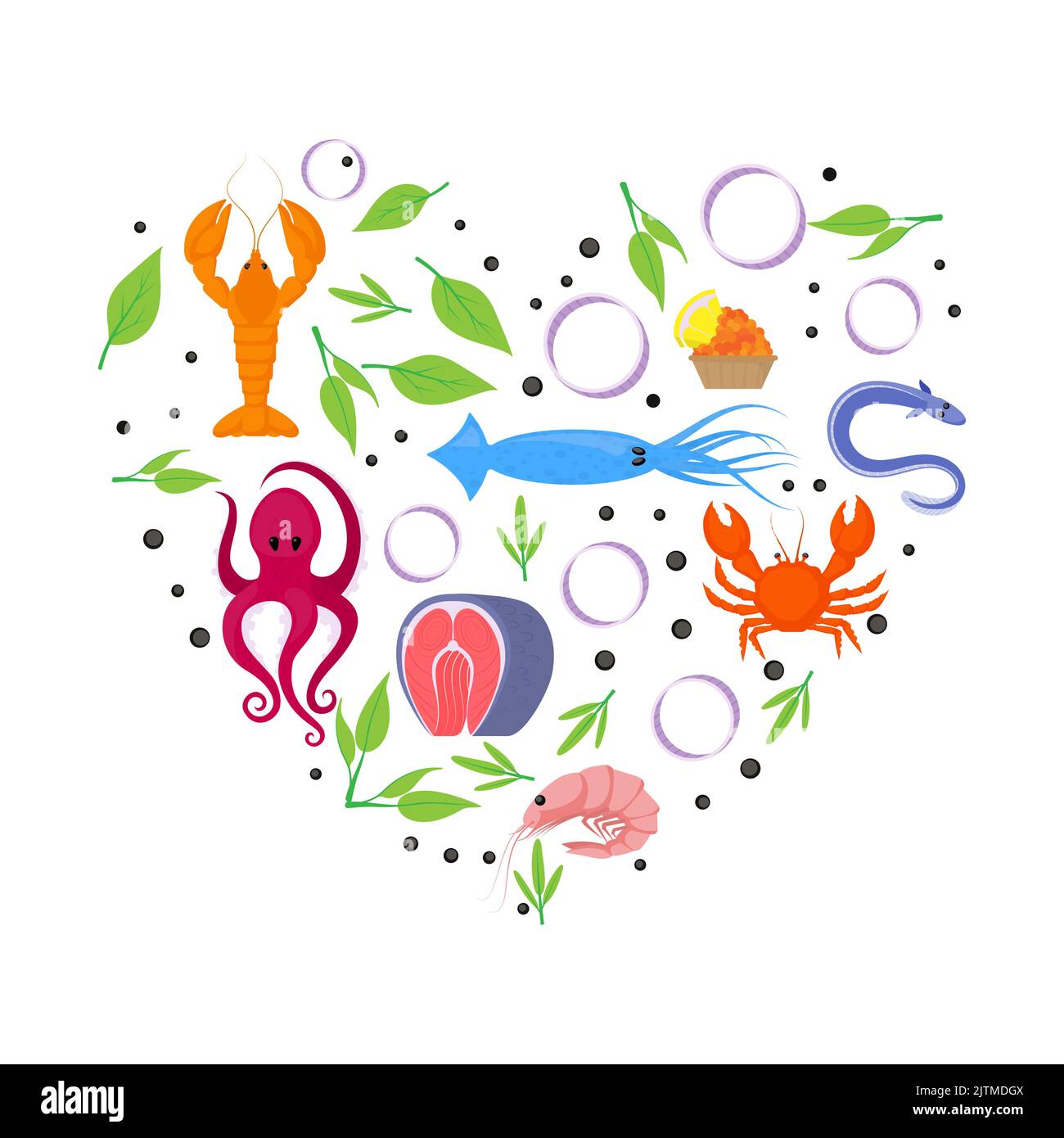 Love seafood concept with fish and sea animals in heart shape vector ...