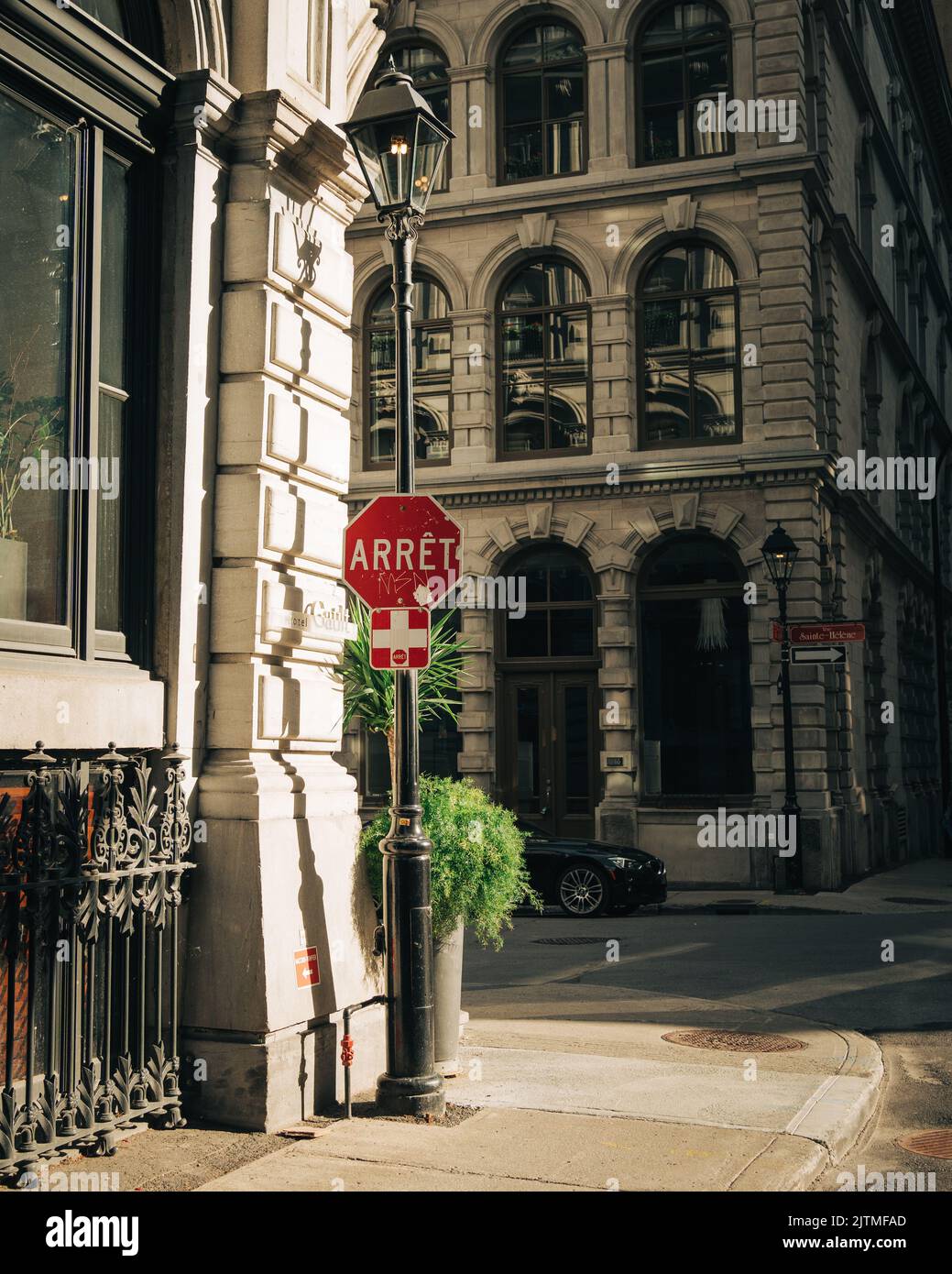 Stop sign and historic architecture, Montreal, Quebec, Canada Stock ...