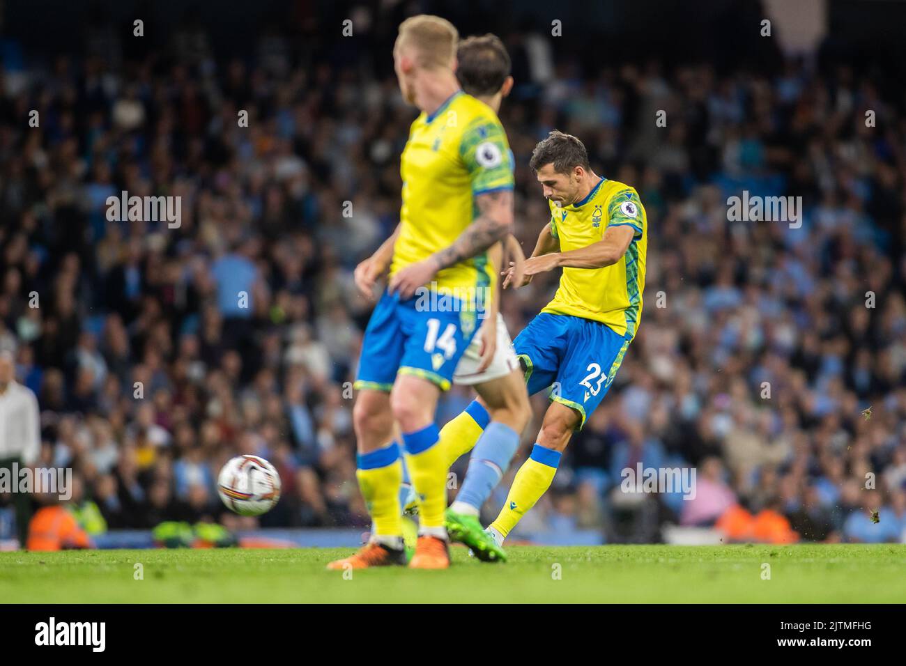 Remo Freuler #23 of Nottingham Forest gets a shot away from the edge of ...