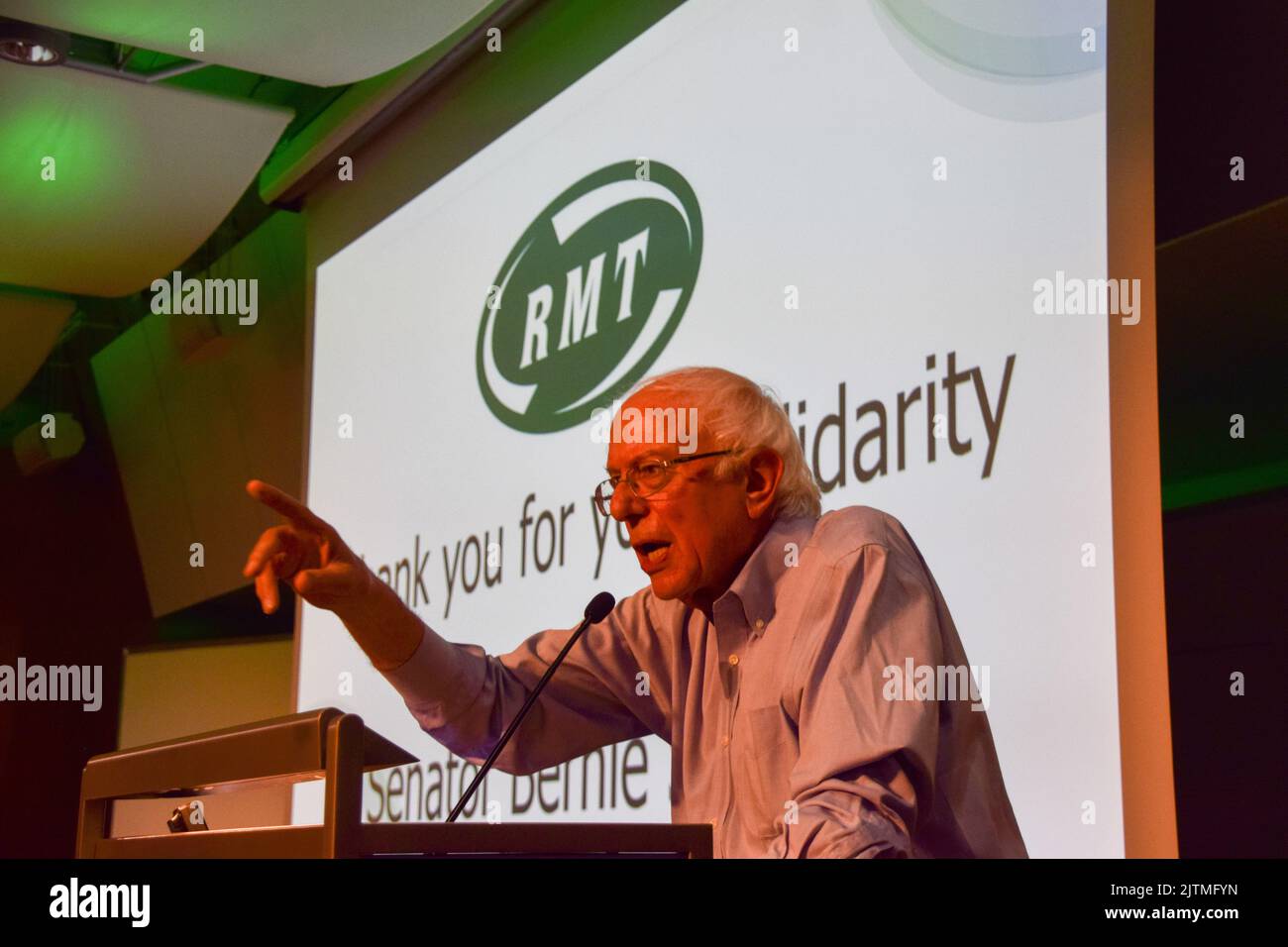 London, UK. 31st August 2022. US Senator Bernie Sanders speaking at RMT ...