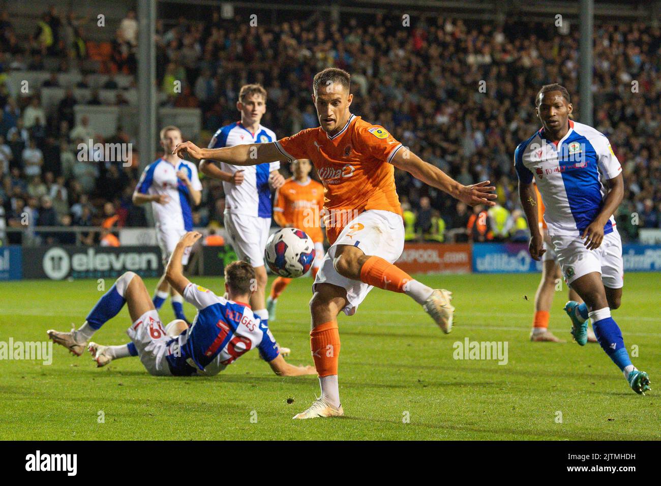 Jerry Yates #9 of Blackpool shoots on goal Stock Photo - Alamy