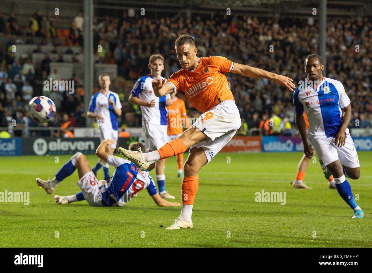 Jerry Yates #9 of Blackpool shoots on goal Stock Photo - Alamy