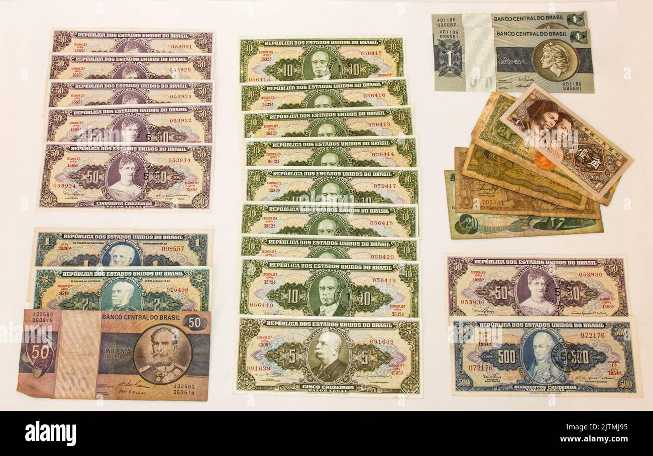 old brazilian money banknotes on a black background in rio de janeiro ...