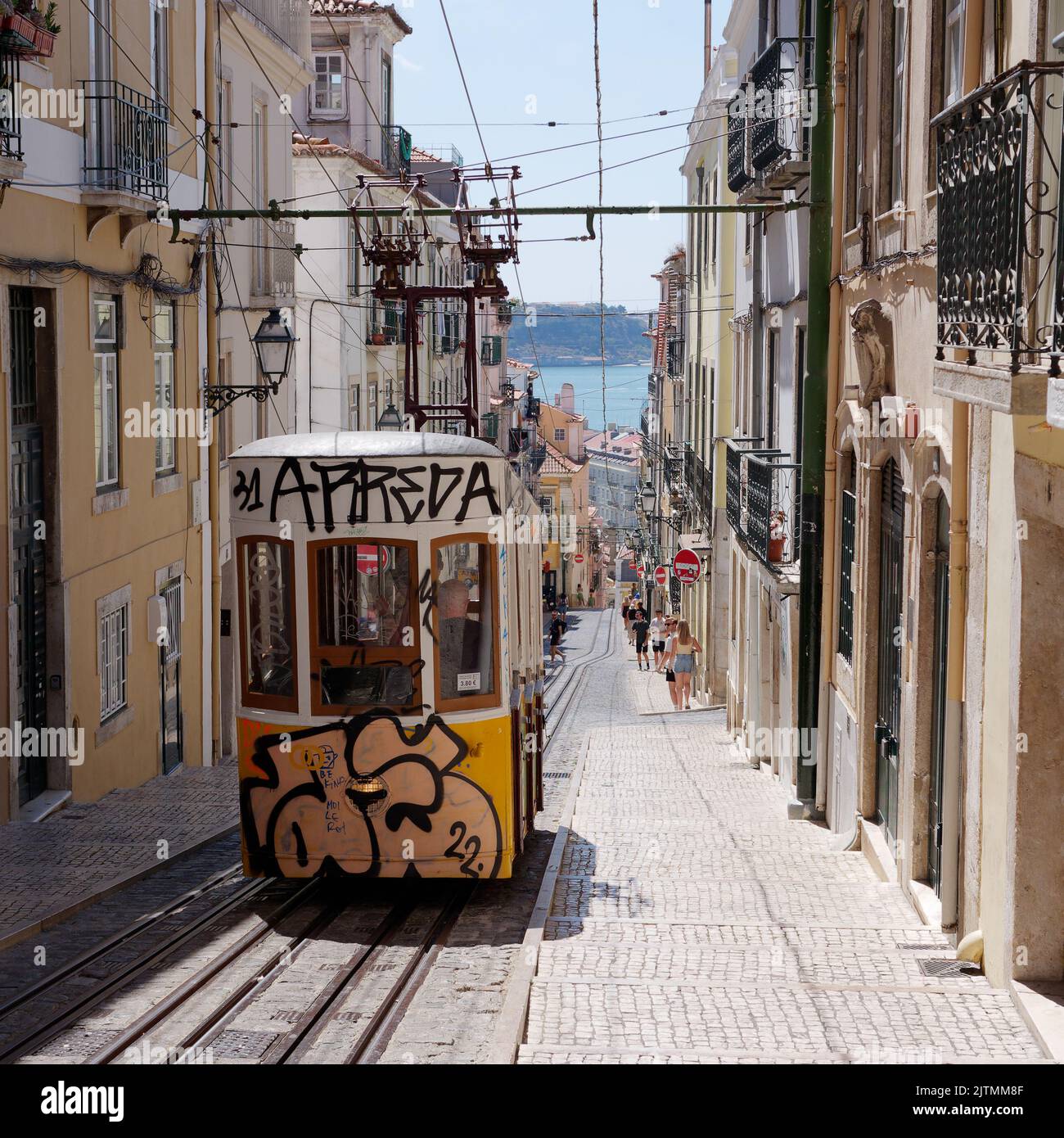 Graffiti covered Tram aka Streetcar aka Trolley in the Baixa-Chiado ...