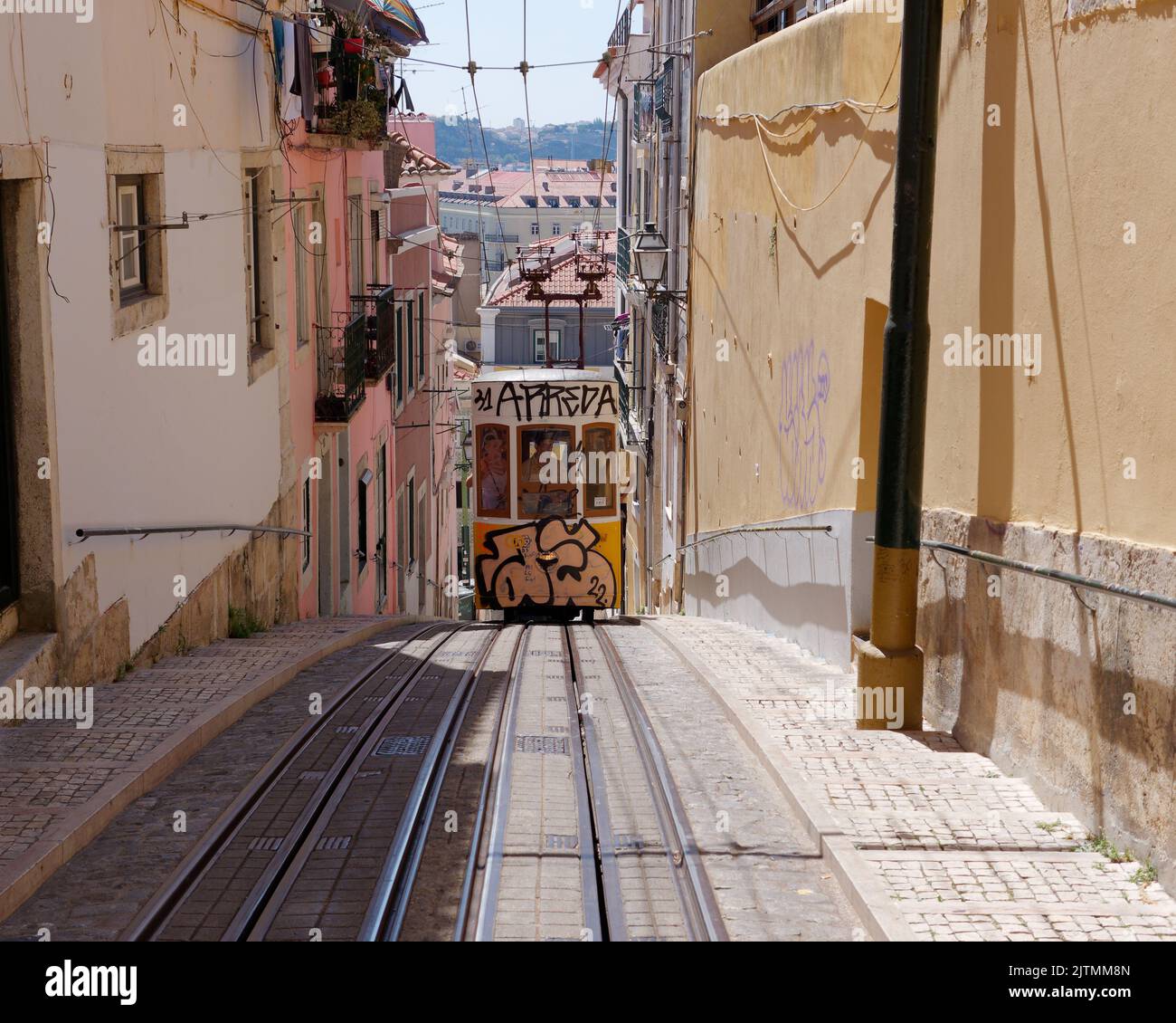 Graffiti covered Tram aka Streetcar aka Trolley in the Baixa-Chiado ...