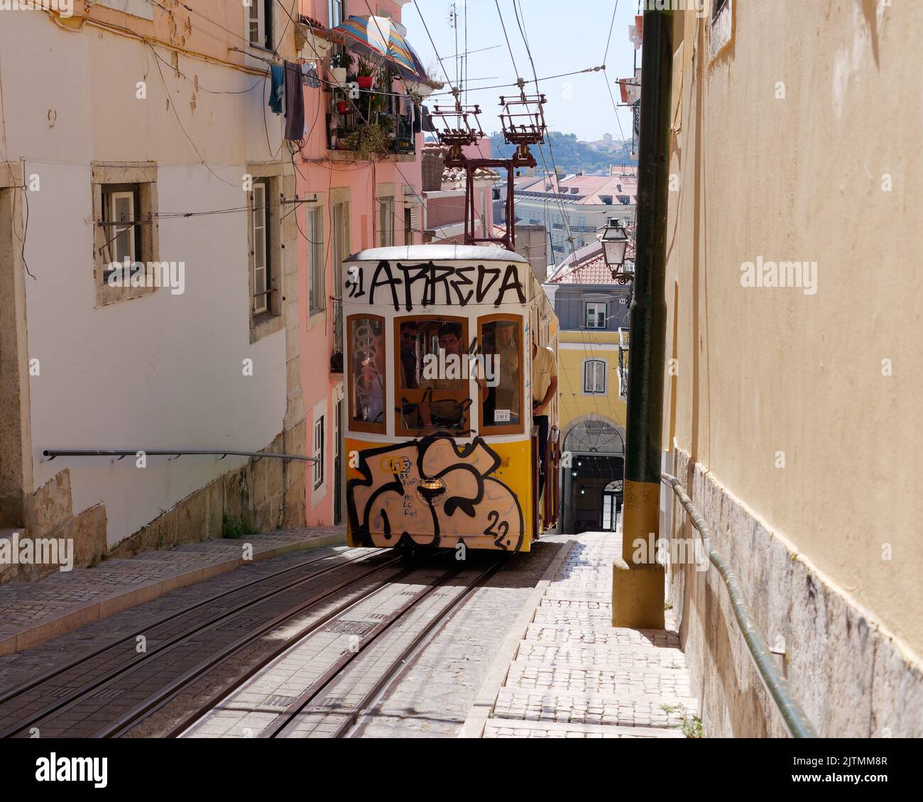 Graffiti covered Tram aka Streetcar aka Trolley in the Baixa-Chiado ...
