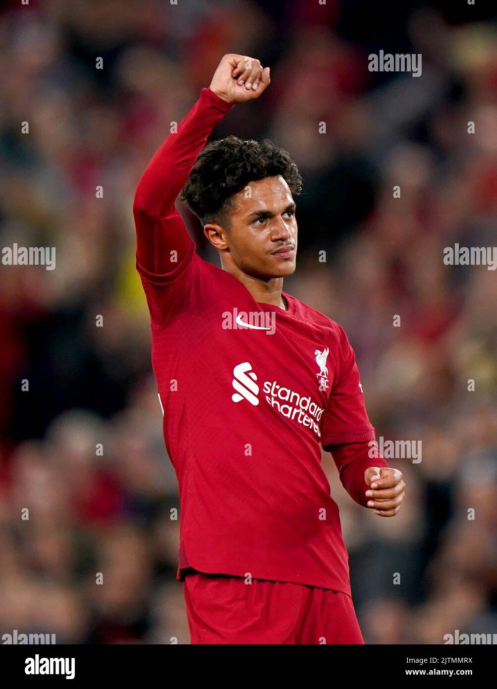 Liverpool's Fabio Carvalho celebrates at the end of the Premier League ...