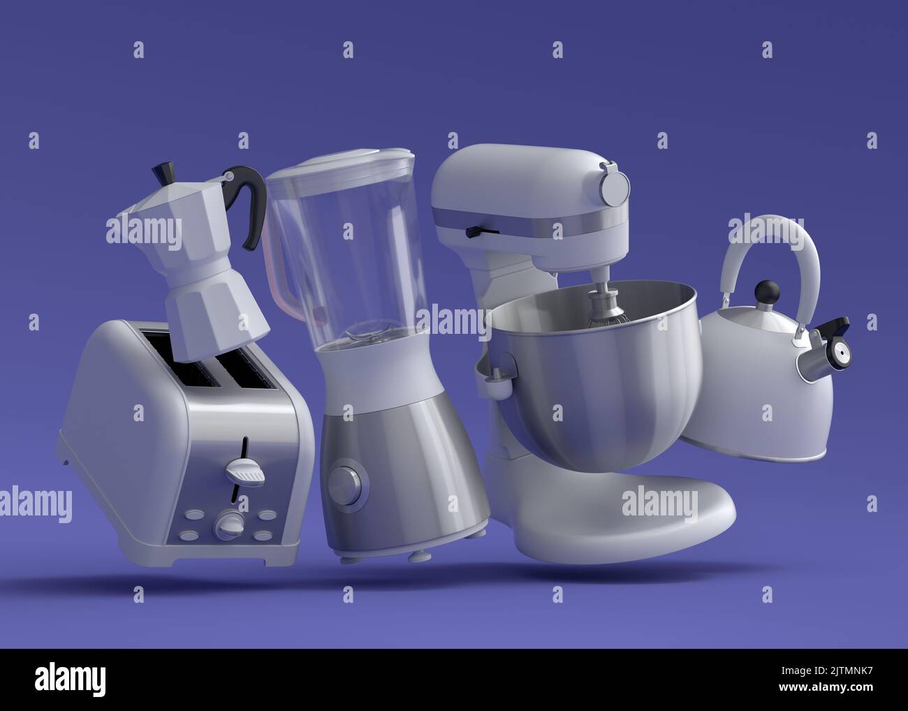 Electric kitchen appliances and utensils for making breakfast on violet ...