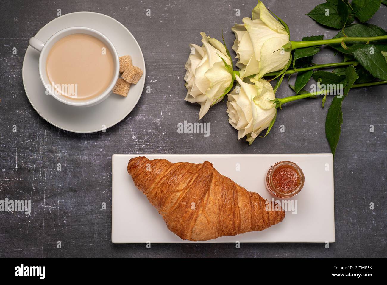 Food photography of breakfast, croissant, cappuccino, jam, rose Stock ...