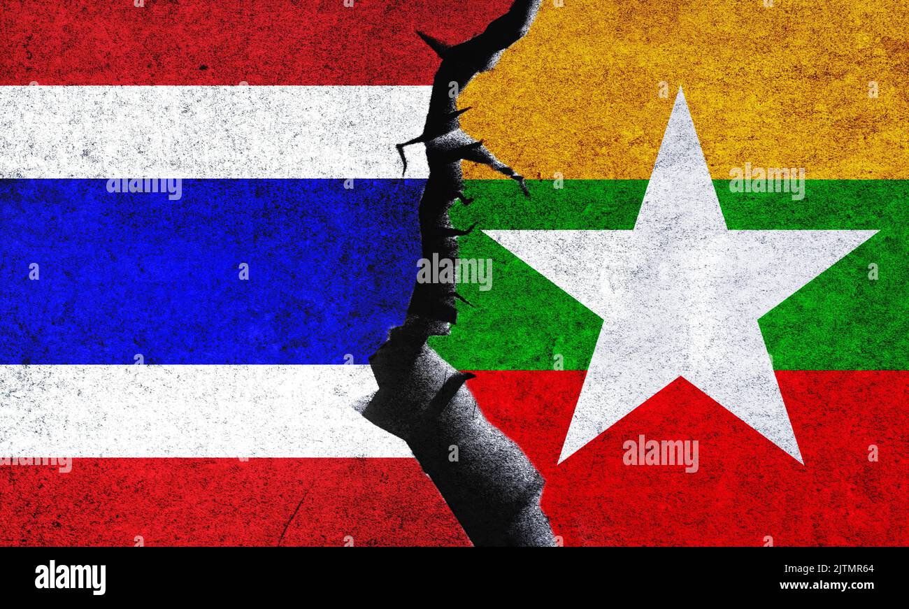 Myanmar vs Thailand flags on a wall with a crack. Thailand and Myanmar ...