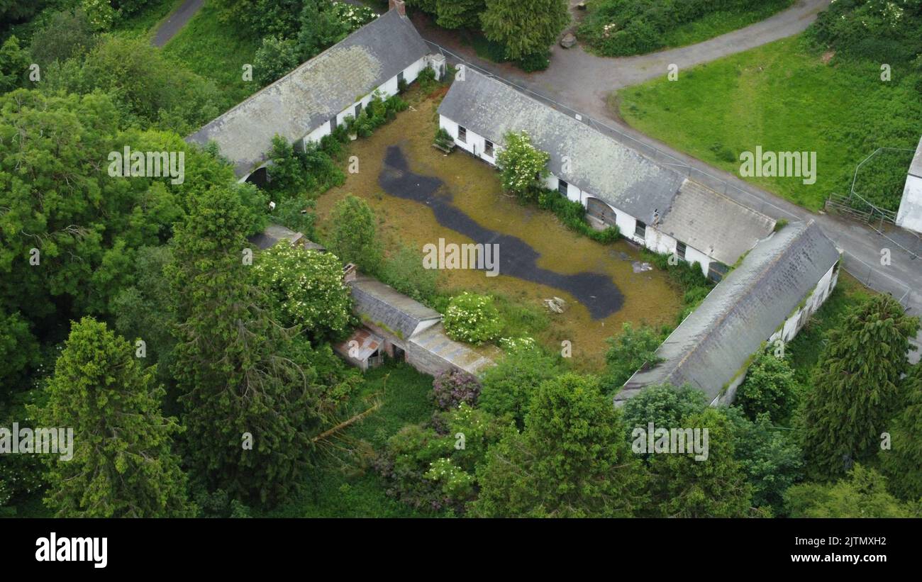 An aerial view of old abandoned WW2 British Military barracks and ...