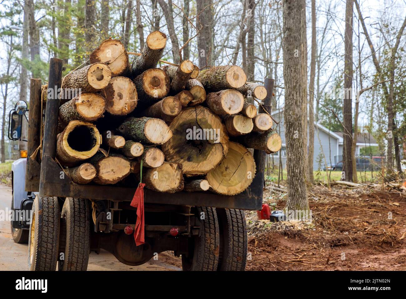 A huge powerful truck with platforms, carrying a bunch of large logs ...