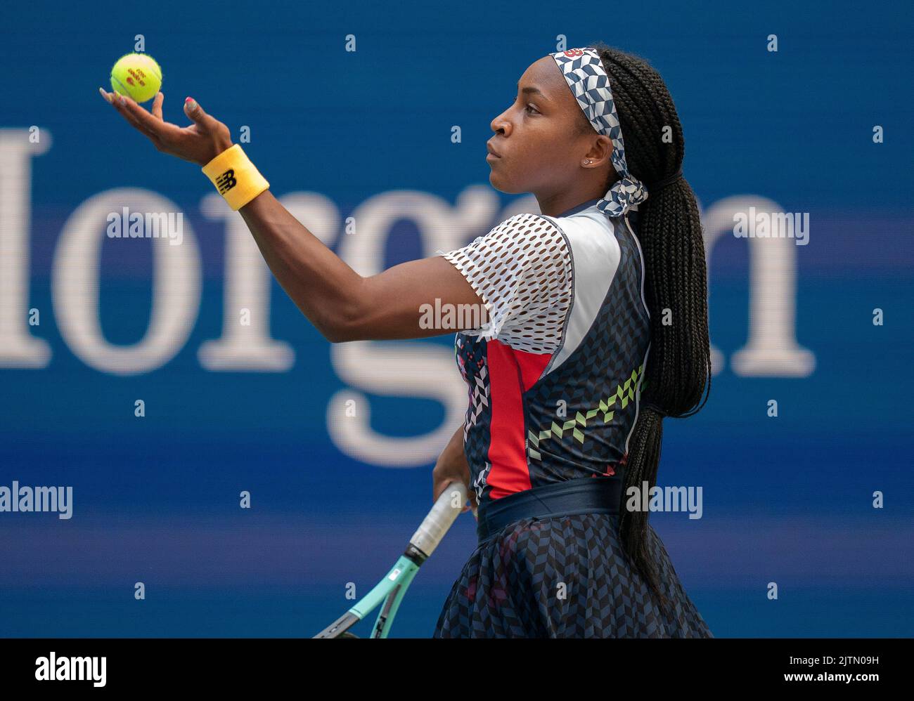New York, NY, USA; Aug 30, 2022; Coco Gauff (USA) in her match against ...