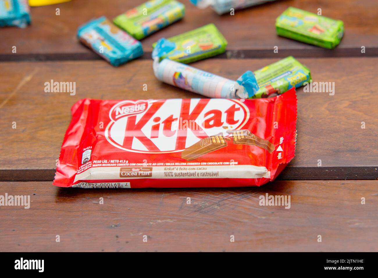 Chocolate kit kat and other sweets on the table in Rio de Janeiro ...