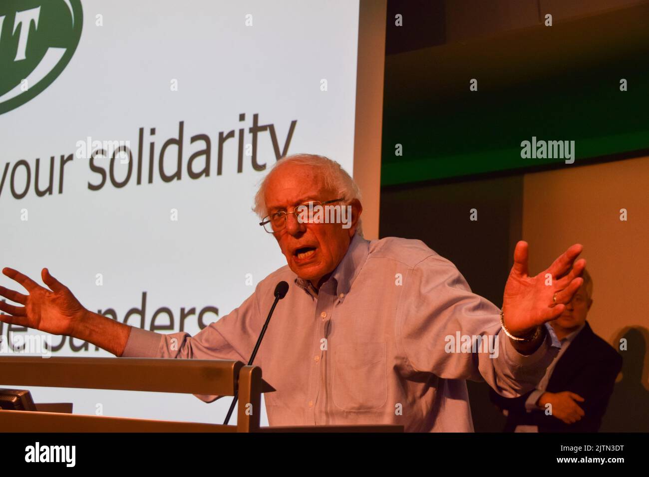 London, UK. 31st August 2022. US Senator Bernie Sanders speaking at RMT ...
