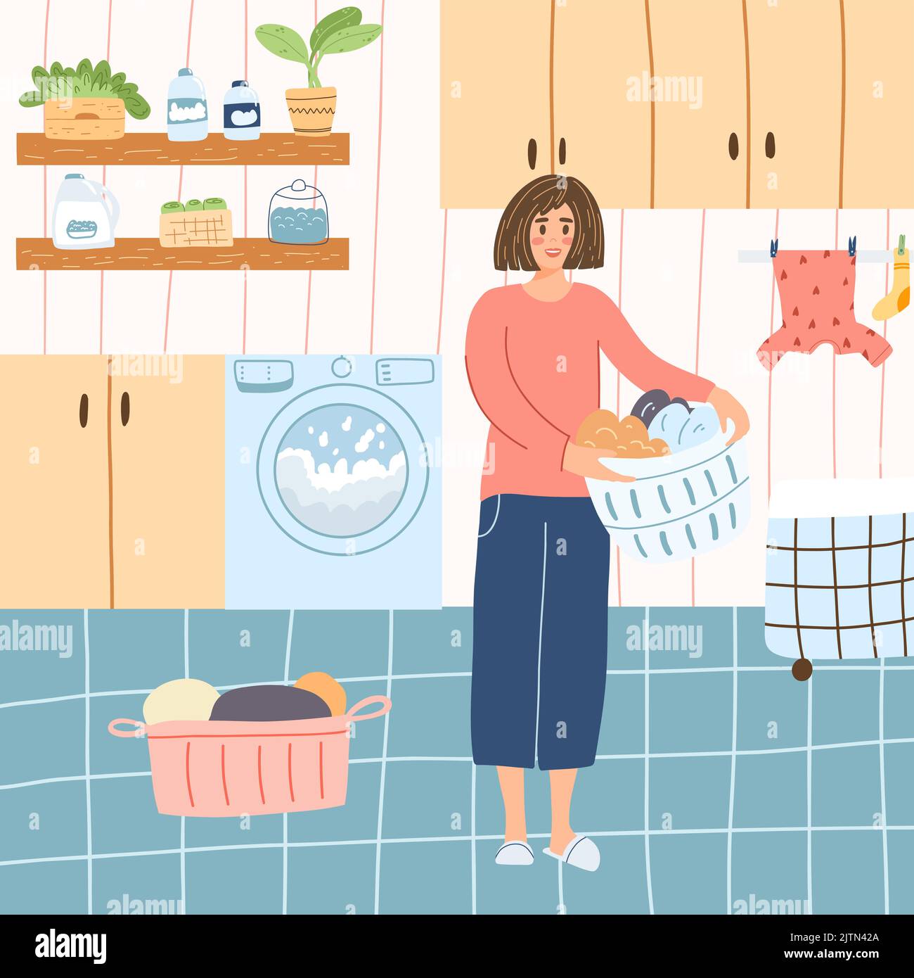 Happy woman in laundry with basket full of clothes in cartoon flat ...