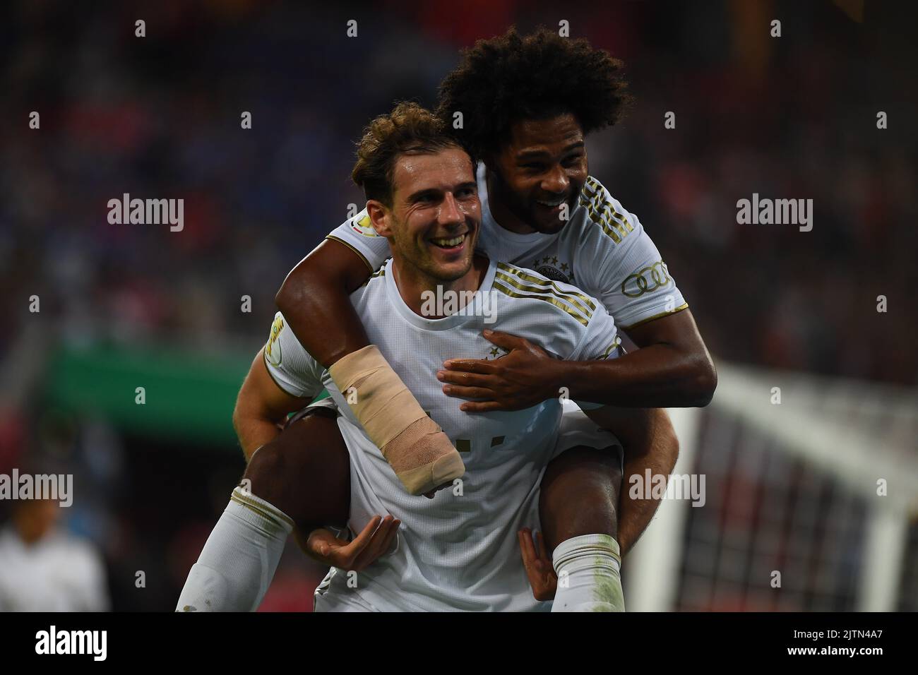 KOELN, GERMANY - AUGUST 28 2022: Goal celebrating Serge Gnabry and Leon ...