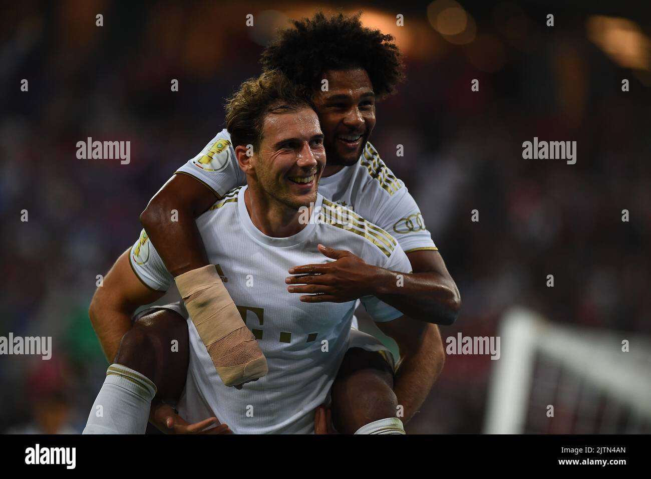 KOELN, GERMANY - AUGUST 28 2022: Goal celebrating Serge Gnabry and Leon ...
