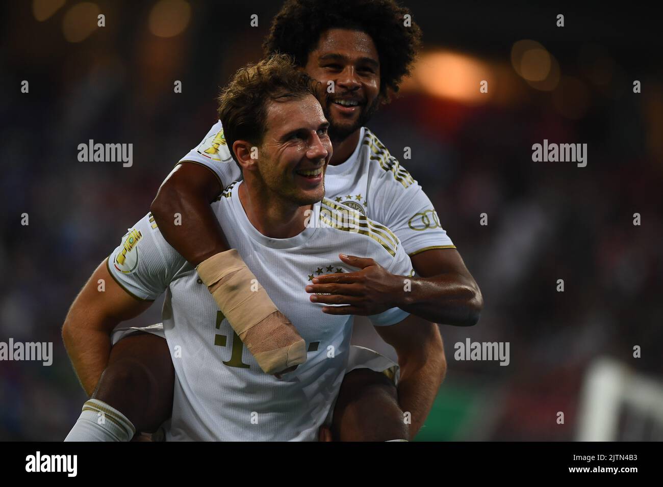 KOELN, GERMANY - AUGUST 28 2022: Goal celebrating Serge Gnabry and Leon ...