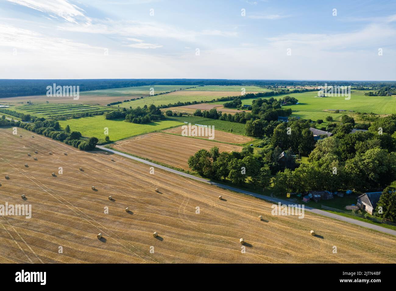 Aerial view of hay bales in the field during hot summer day Stock Photo ...