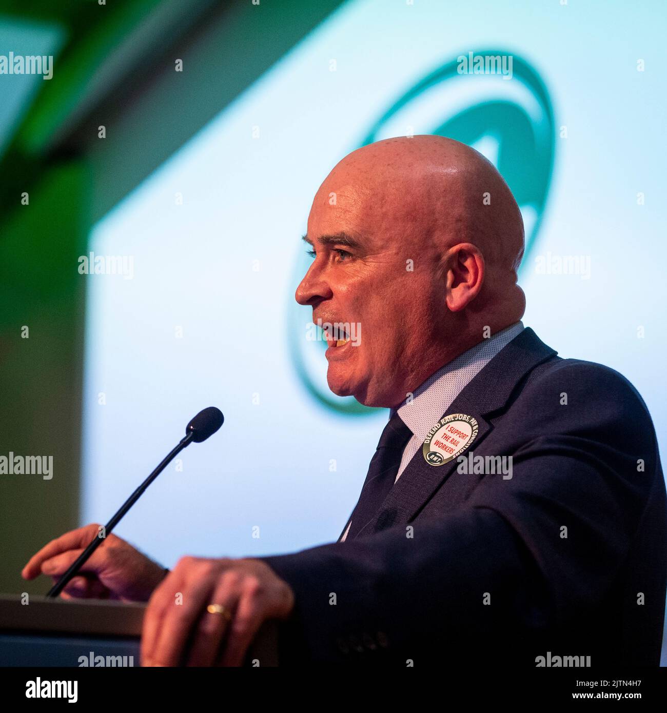 London, UK. 31 August 2022. Mick Lynch, RMT General Secretary, speaks ...