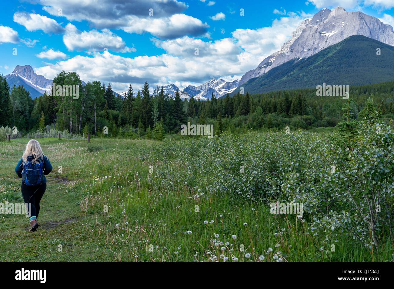 Beautiful bombshell blonde woman hiker contemplates and decides where ...