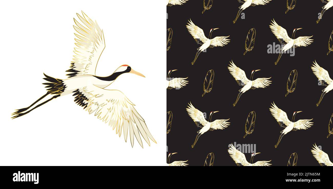 Decorative kimono floral motif background pattern with crane and ...