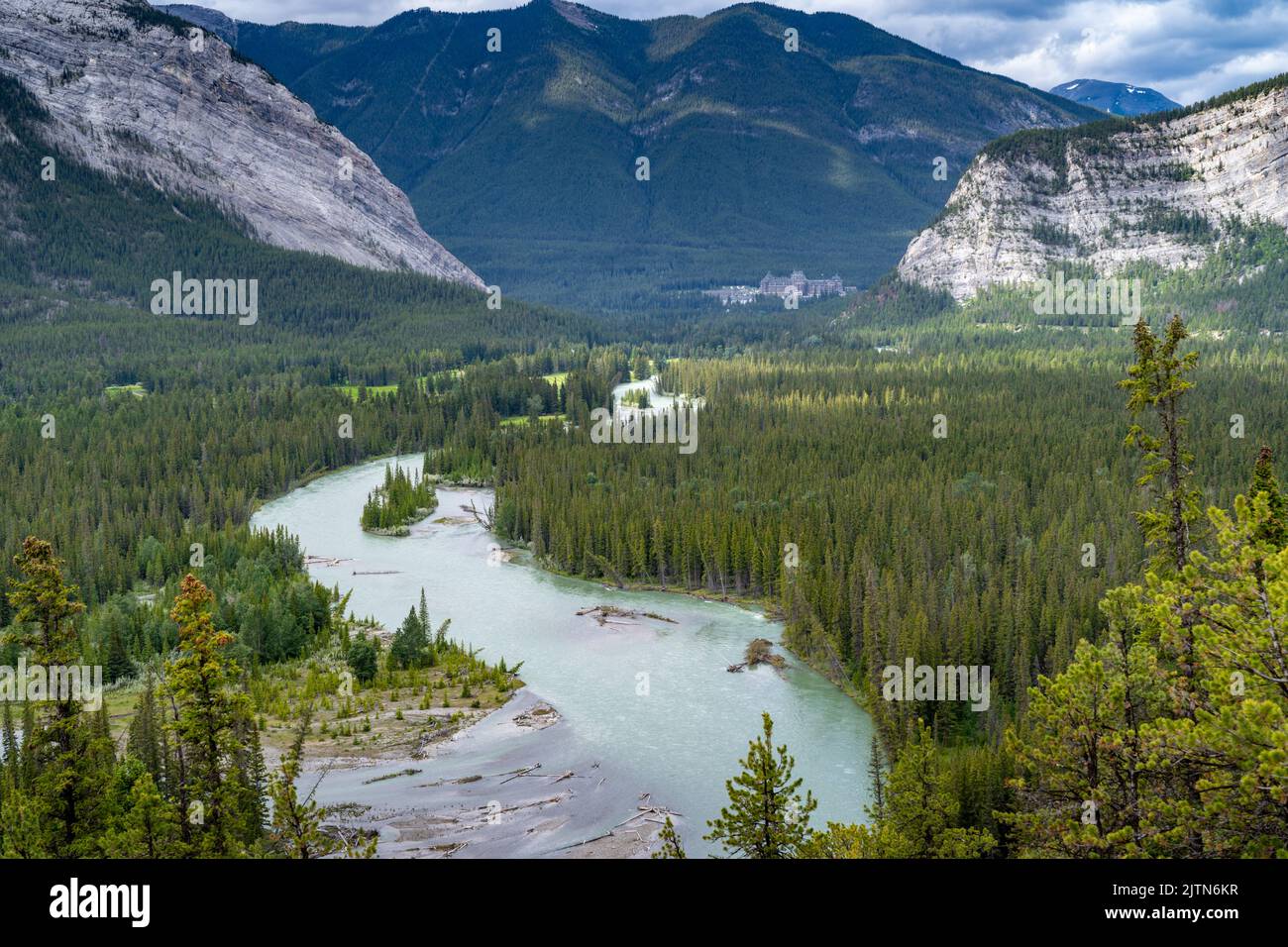 View of the Bow River as seen from the hoodoos viewpoint in Banff National Park, Alberta Canada ...