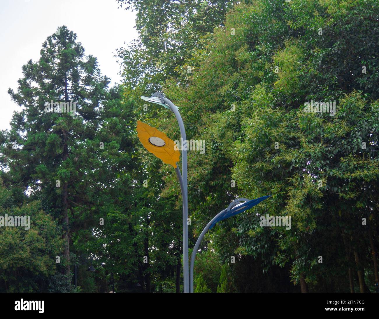 Lantern in the form of a tree leaf. Lighting in the park. Colored ...