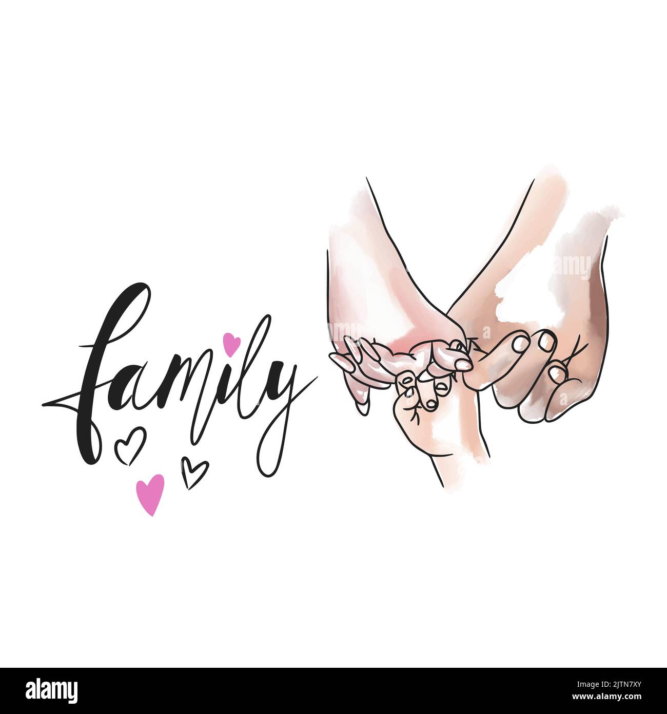 Family, handwritten lettering, hands of mom, dad and child hold with ...