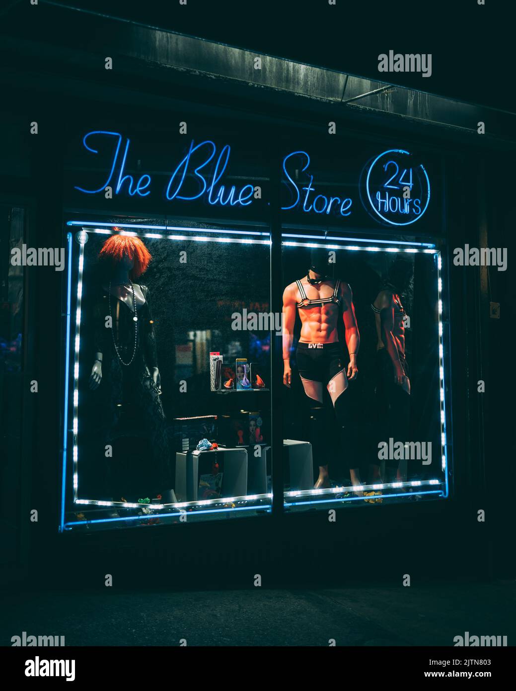 The Blue Store vintage neon sign at night in Chelsea, Manhattan, New ...