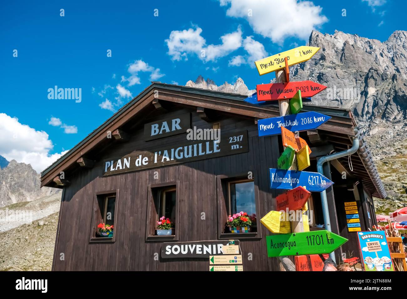 Chamonix, France - August 25, 2022: Chalet with a bar on the slopes of ...