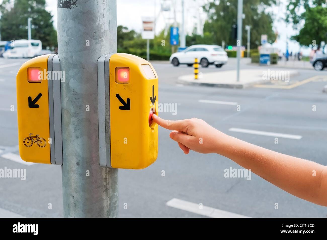 Button on a traffic light to give way to pedestrians, pressed by the ...