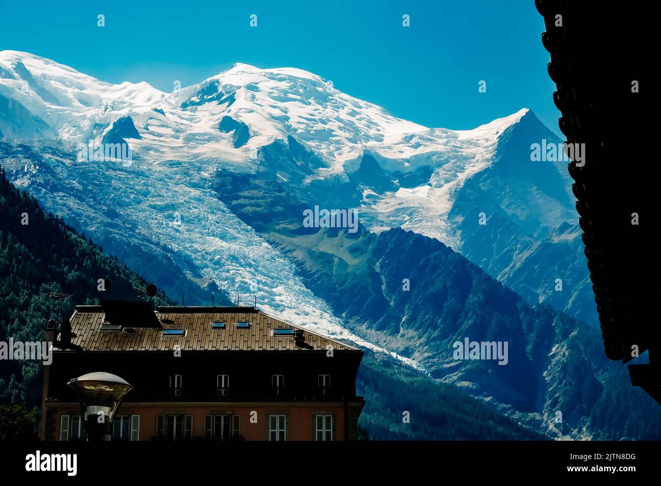Montblanc landscape with its glaciers, seen from Chamonix Stock Photo ...