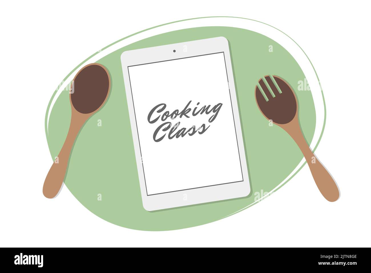 Cooking class. Flat design web banner template with tablet and wooden ...